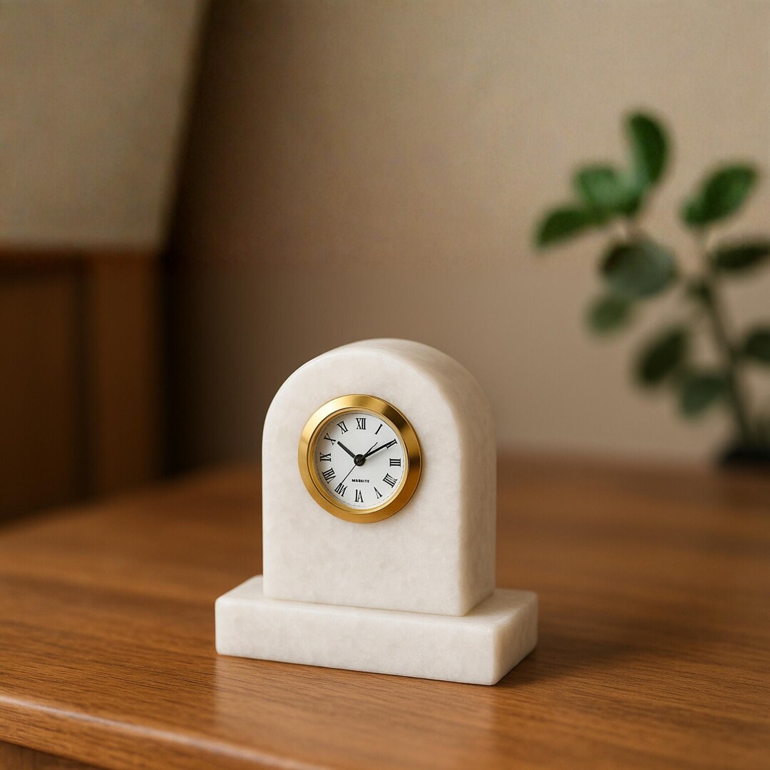 White Marble Desk Clock | Natural Stone Engraveable Timepiece | Gold ...