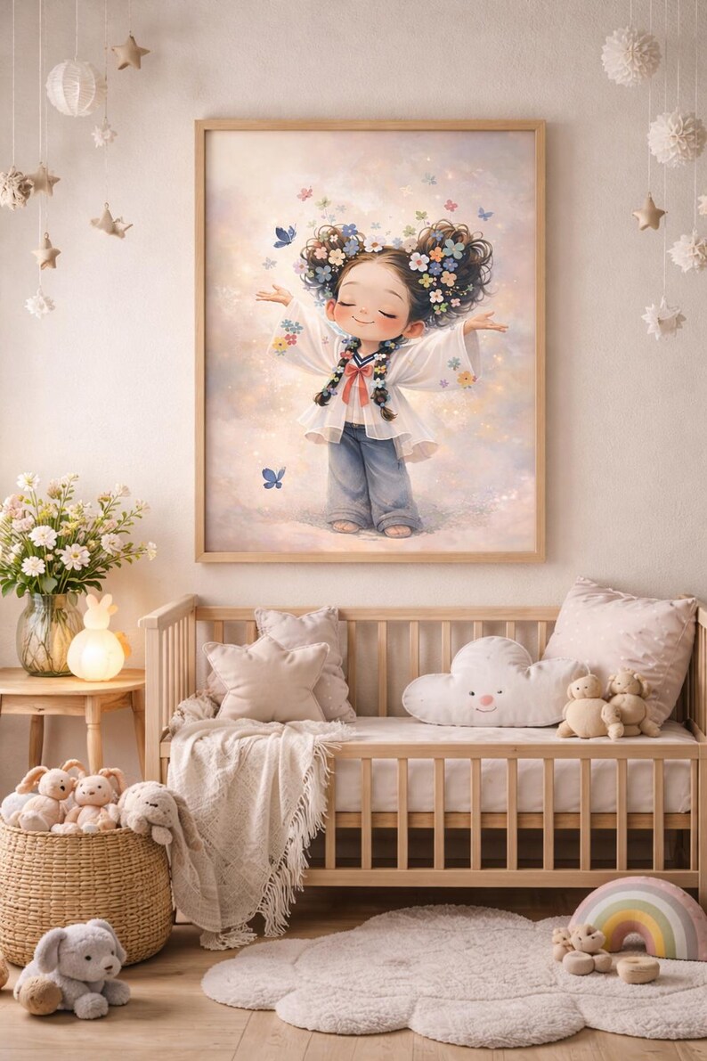 Whimsical Girl Wall Art Print, Floral Nursery Poster, Cute Kids Room ...