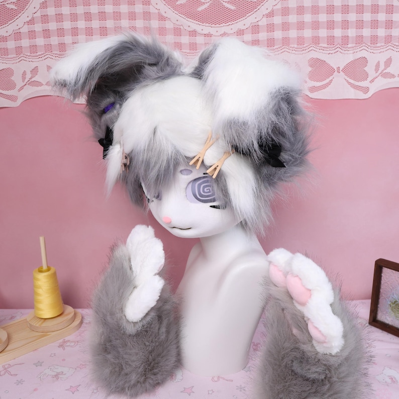 Kigurumi Gray Bunny Fursuit Head Paws With Spiral Cartoon Eyes Handmade ...