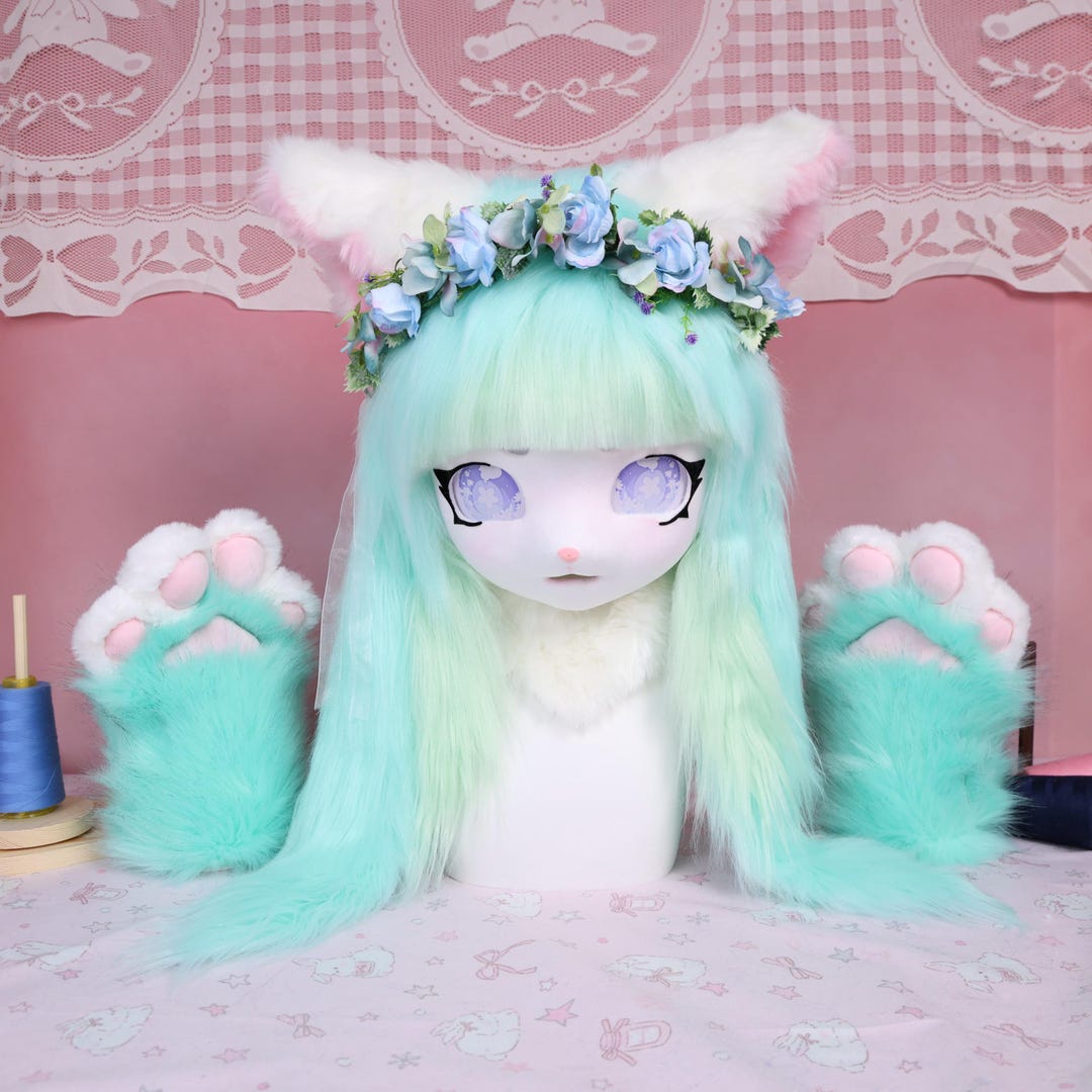 Kigurumi Mint Forest Cat Fursuit Head and Paws Cosplay Mask With Sakura ...