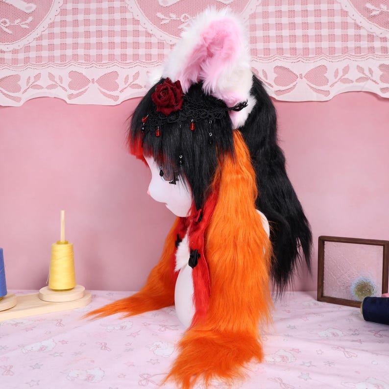 Kigurumi Black Red Flame Cat Fursuit Head and Paws Gothic Cosplay Mask ...