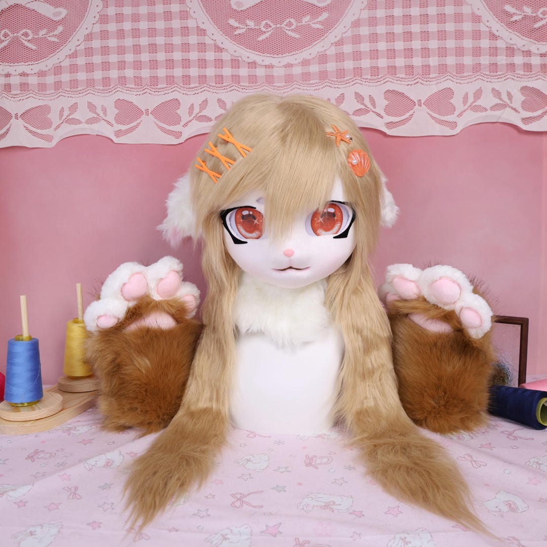 Kigurumi Coral Lamb Fursuit Head Paws Cosplay Mask With Beige Fur ...