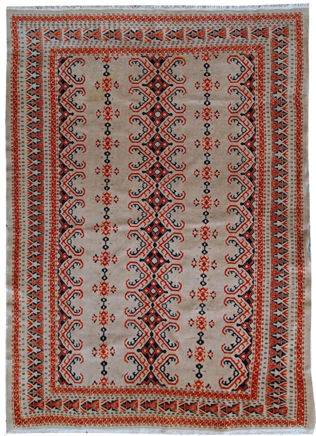 Vintage Uzbek Bukhara Rug 4x5.5 | 1960s Fine Wool Area Mat | Beige, Red ...