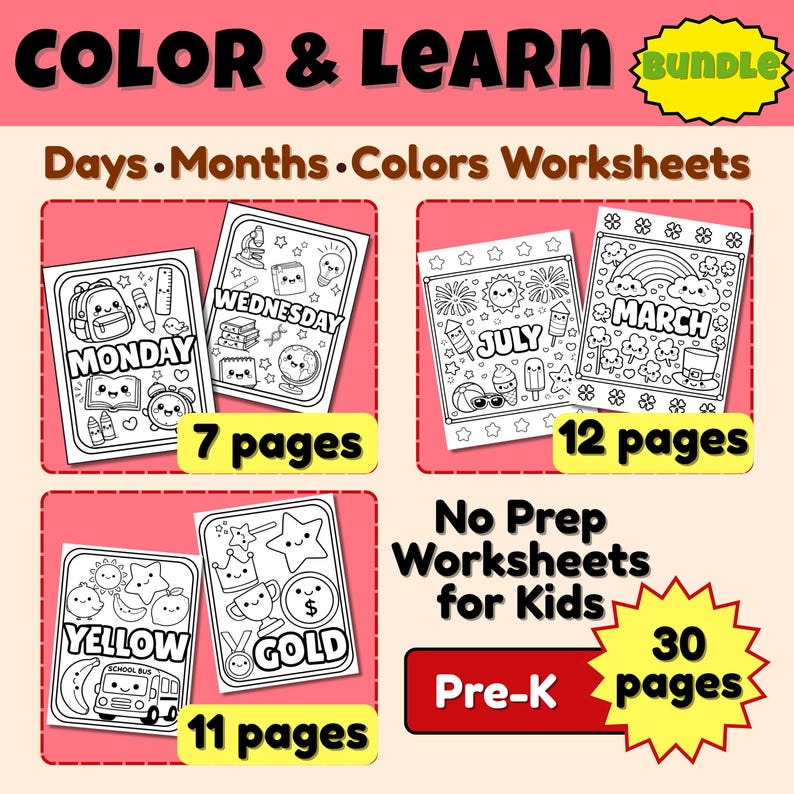Coloring Worksheets Bundle | Days Months Colors | Kids Printable No ...