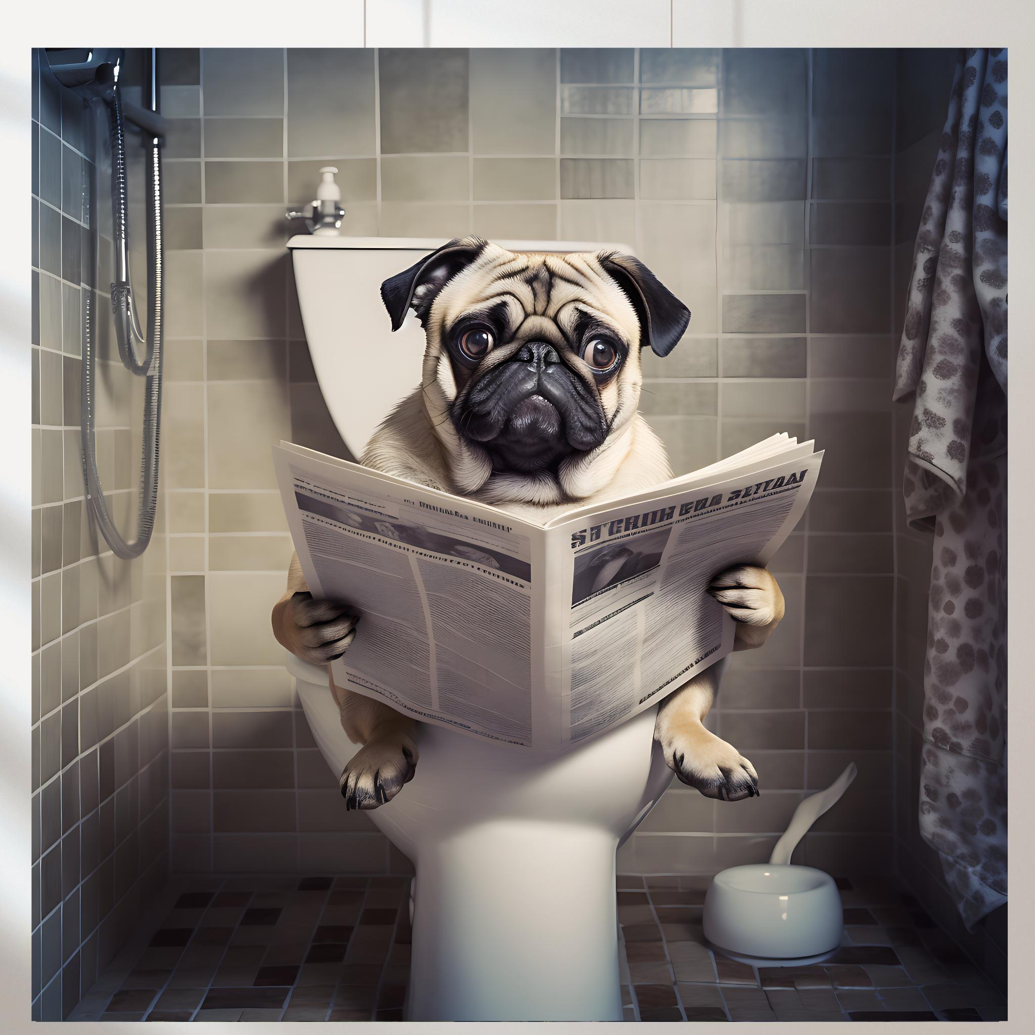 Set of 4 Funny Pug Toilet Print: Reading Newspaper Bathroom Decor ...