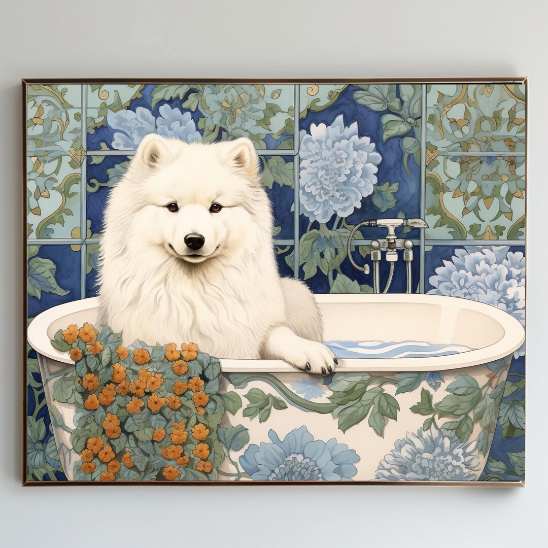 Set of 3 Samoyed in Bathtub Prints - Funny Bathroom Wall Art (digital ...