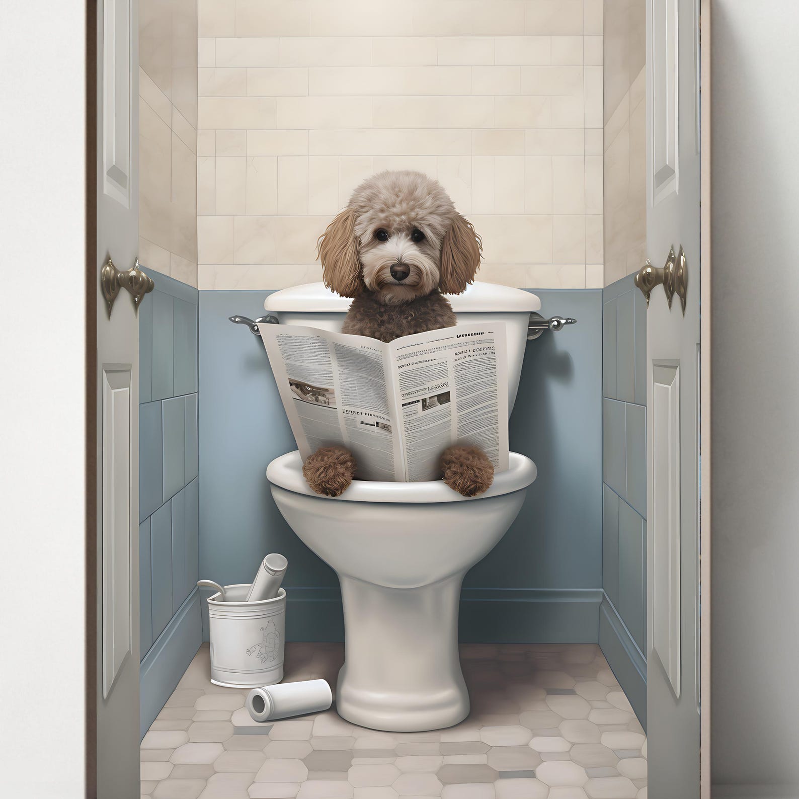 Set of 5 Poodle on Toilet Print, Art Nouveau Bathroom Decor (digital ...