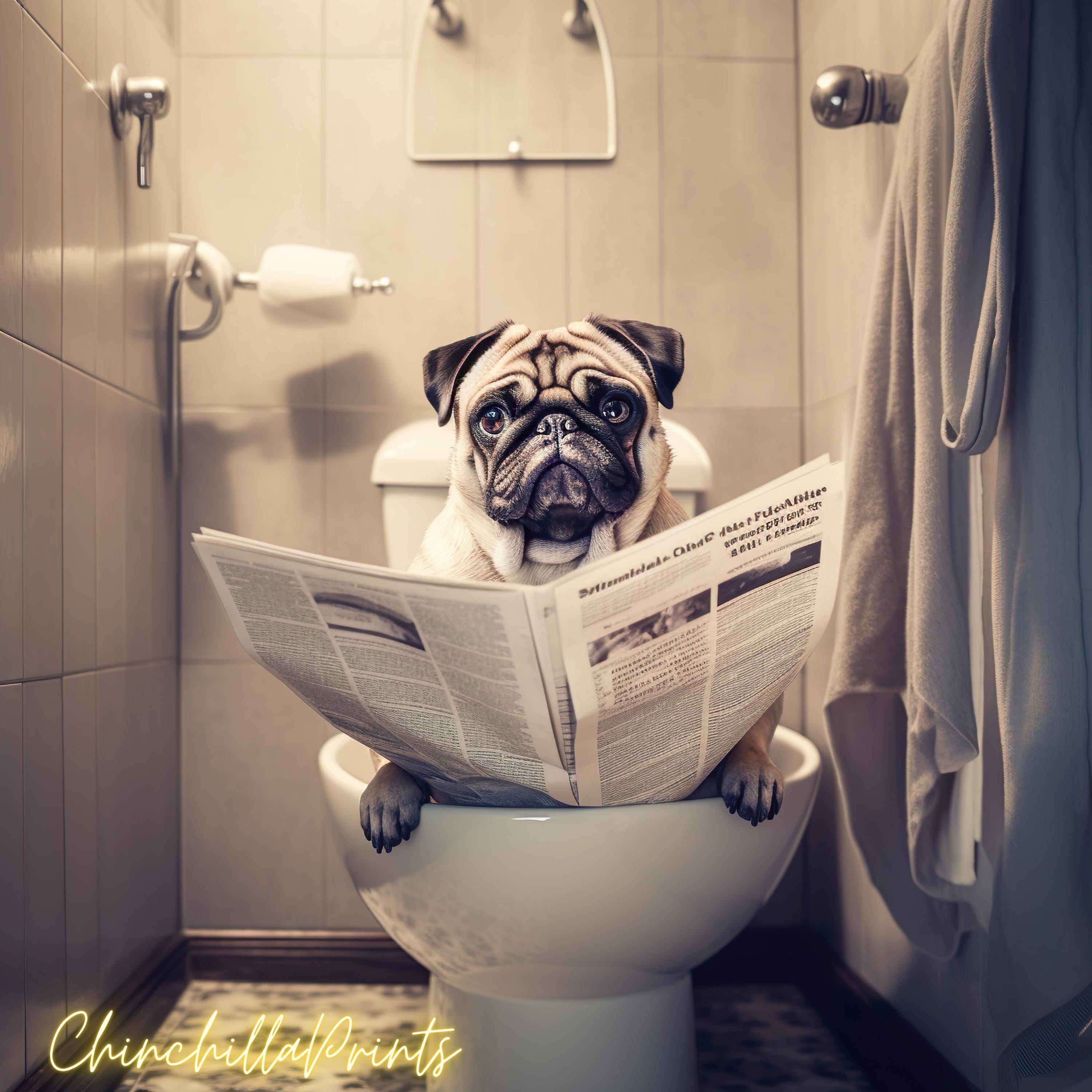 Set of 4 Funny Pug Toilet Print: Reading Newspaper Bathroom Decor ...