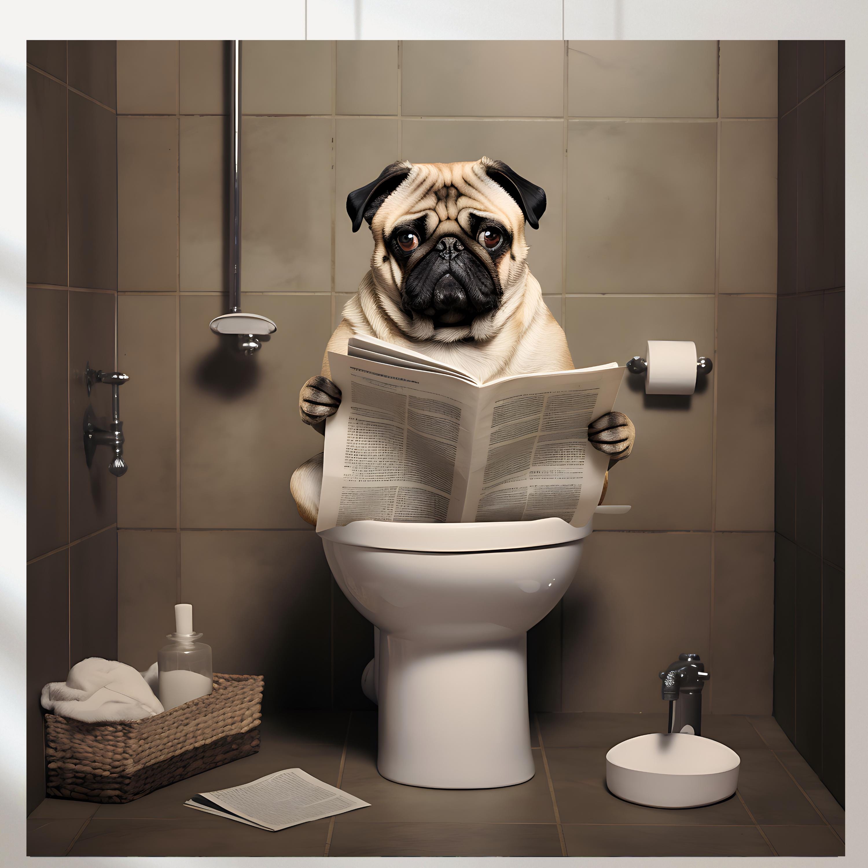 Set of 4 Funny Pug Toilet Print: Reading Newspaper Bathroom Decor ...