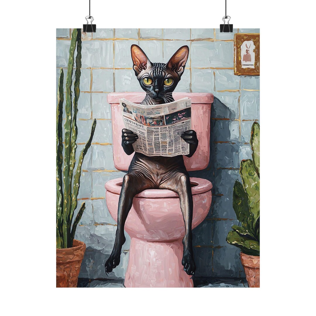 Satin Poster, Sphinx Cat Bathroom Art Print, Funny Cat Toilet Wall ...