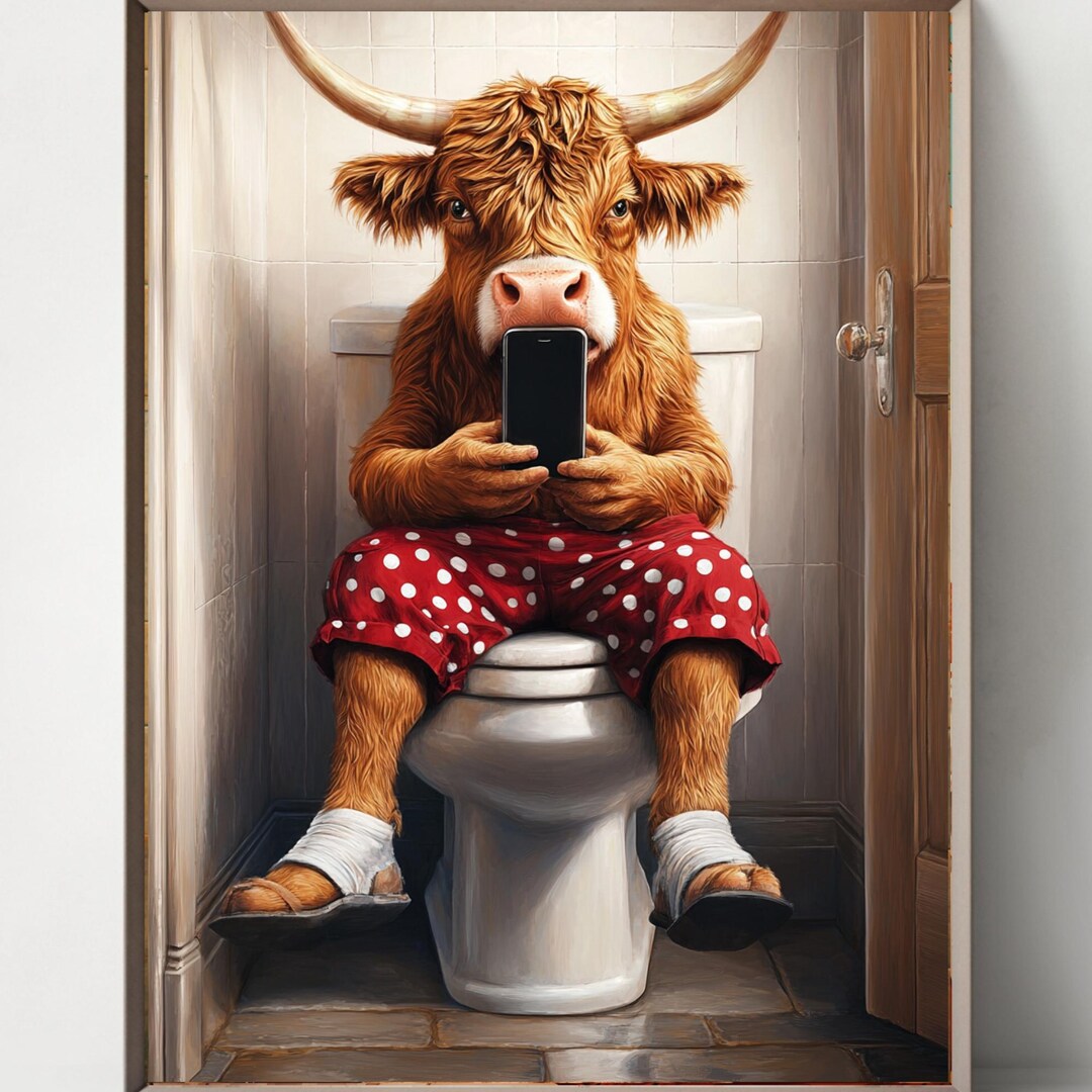Set of 5 Funny Highland Cow Bathroom Print: Newspaper Toilet Humor ...