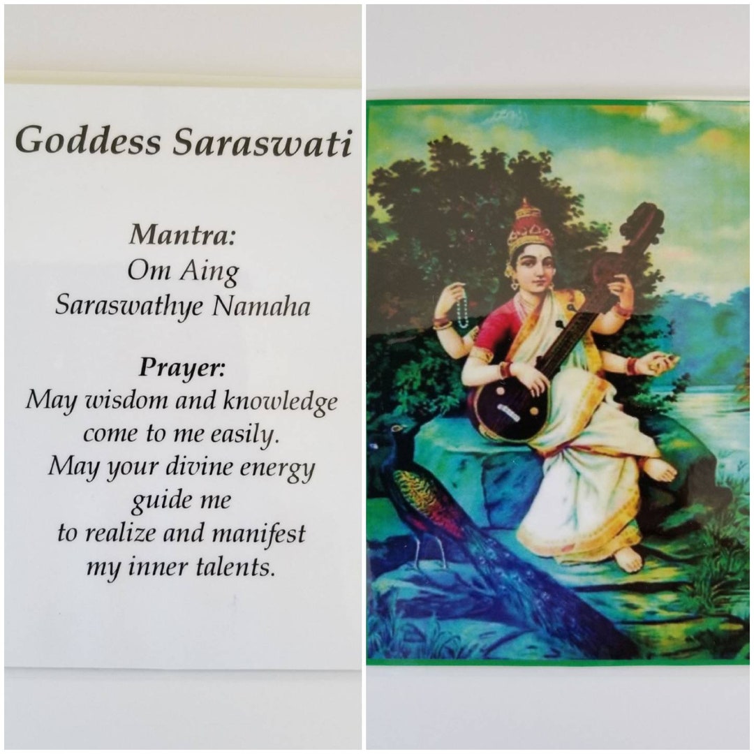 Saraswati Card, Goddess of Wisdom, Hindu Goddess, Mantra Card, Altar ...