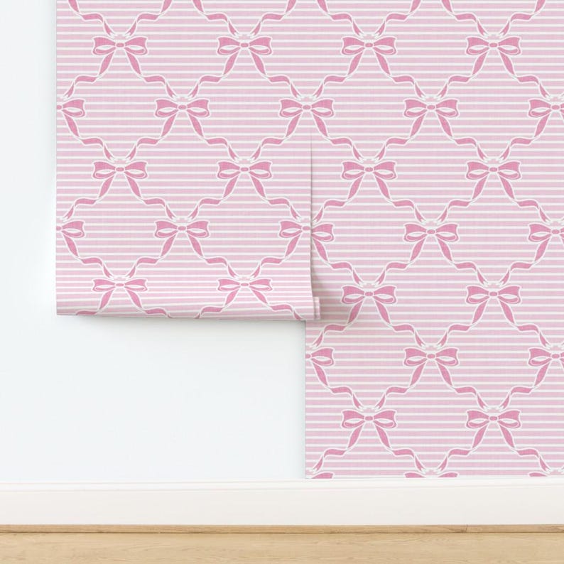 Grand Millennial Coquette Bows Wallpaper, Cottagecore Bows and Stripes ...