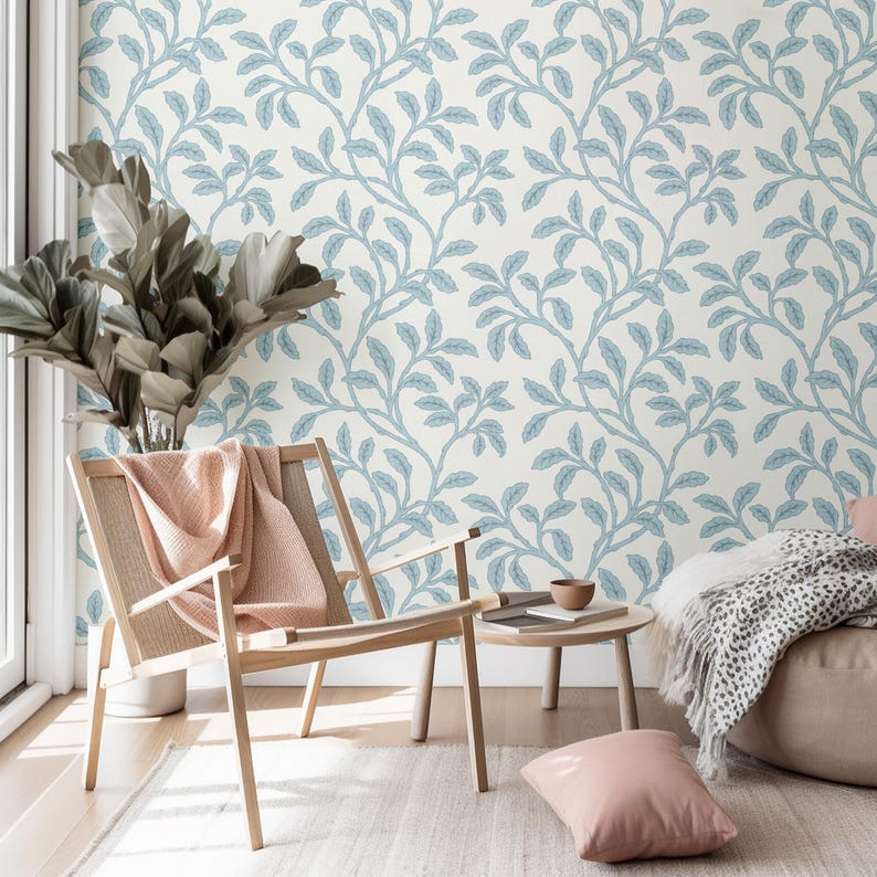 Vintage Botanical Wallpaper, Grand Millennial Blue Wallpaper ...