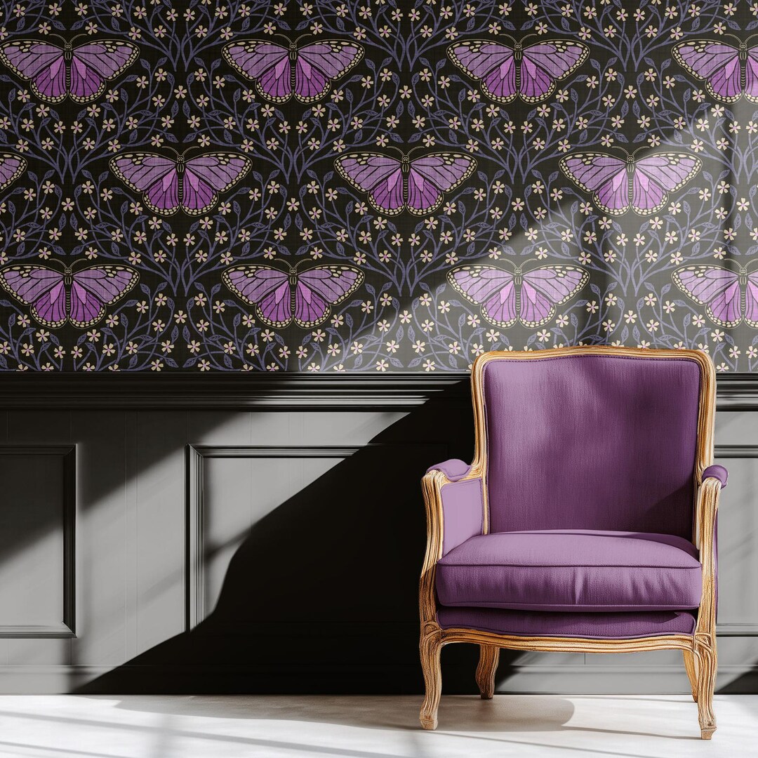 Monarch Butterfly Wallpaper, Dark Botanical Mural, Peel and Stick - Etsy