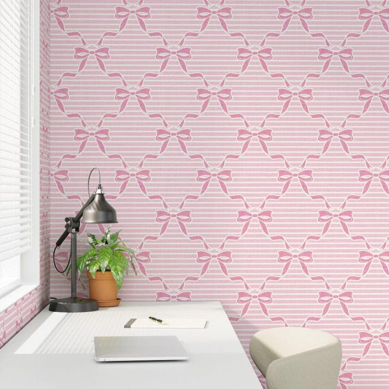 Grand Millennial Coquette Bows Wallpaper, Cottagecore Bows and Stripes ...