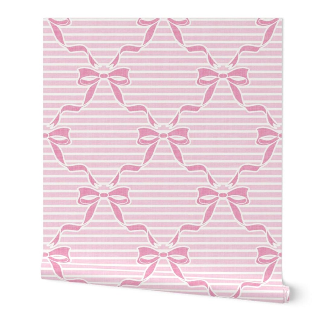 Grand Millennial Coquette Bows Wallpaper, Cottagecore Bows and Stripes ...