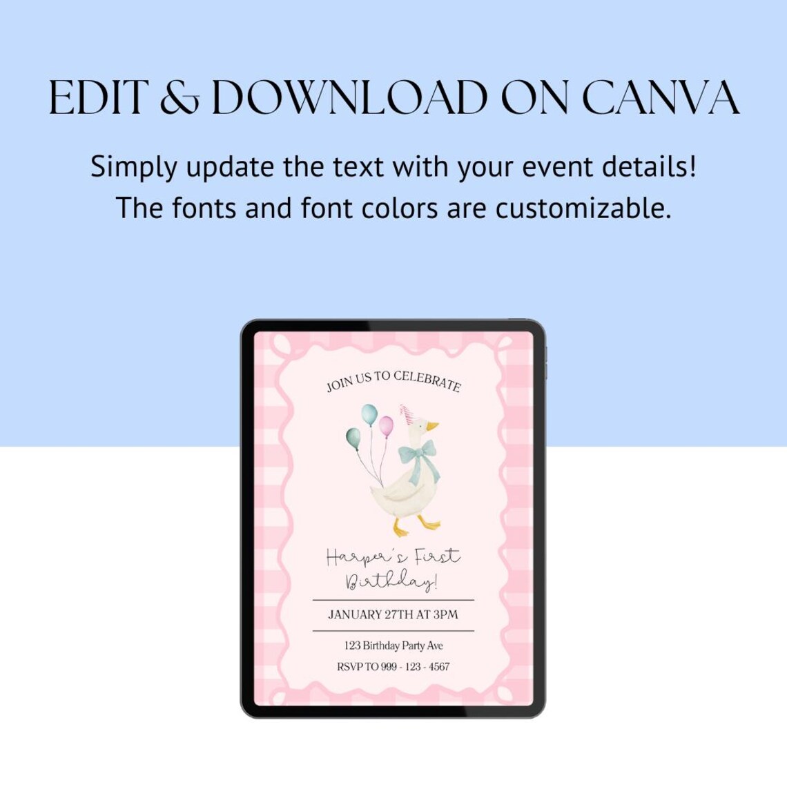 Editable Pink Gingham One Silly Goose Birthday Invitation - Etsy
