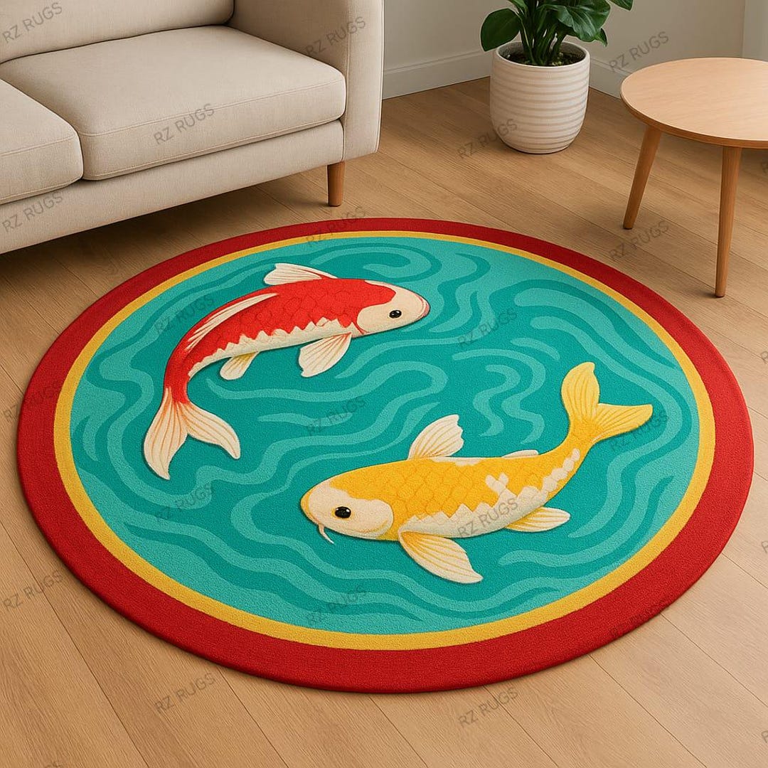 Round Koi Fish Modern Rug – Red & Yellow Carp Design on Aqua Blue Water ...