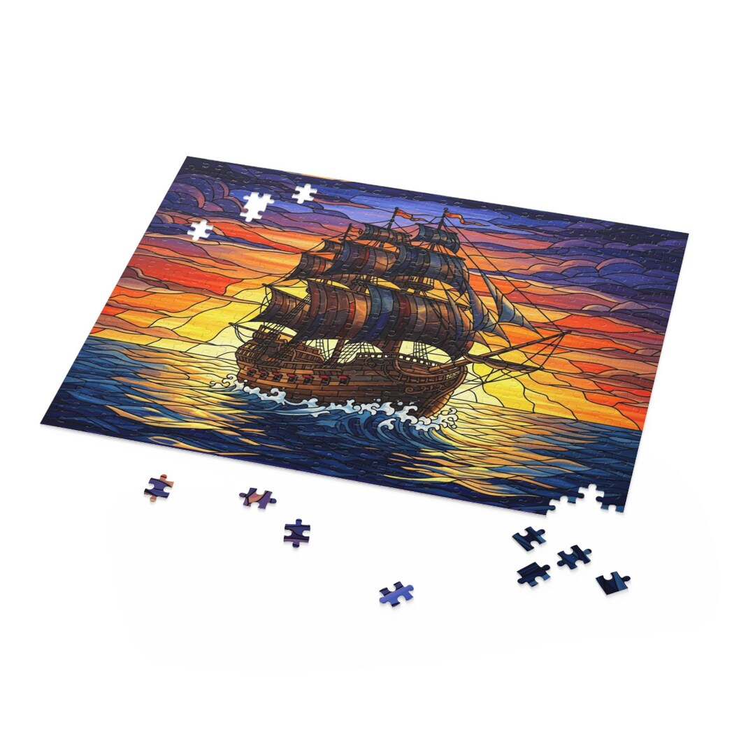Pirate Ship Stained Glass Ocean Jigsaw Puzzle Deep Blue Sea Sunset AI ...