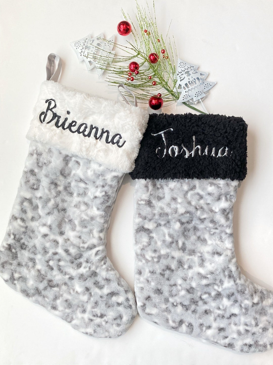 Personalized Snow Leopard Minky Christmas Stocking With Fur Cuff, Fully ...