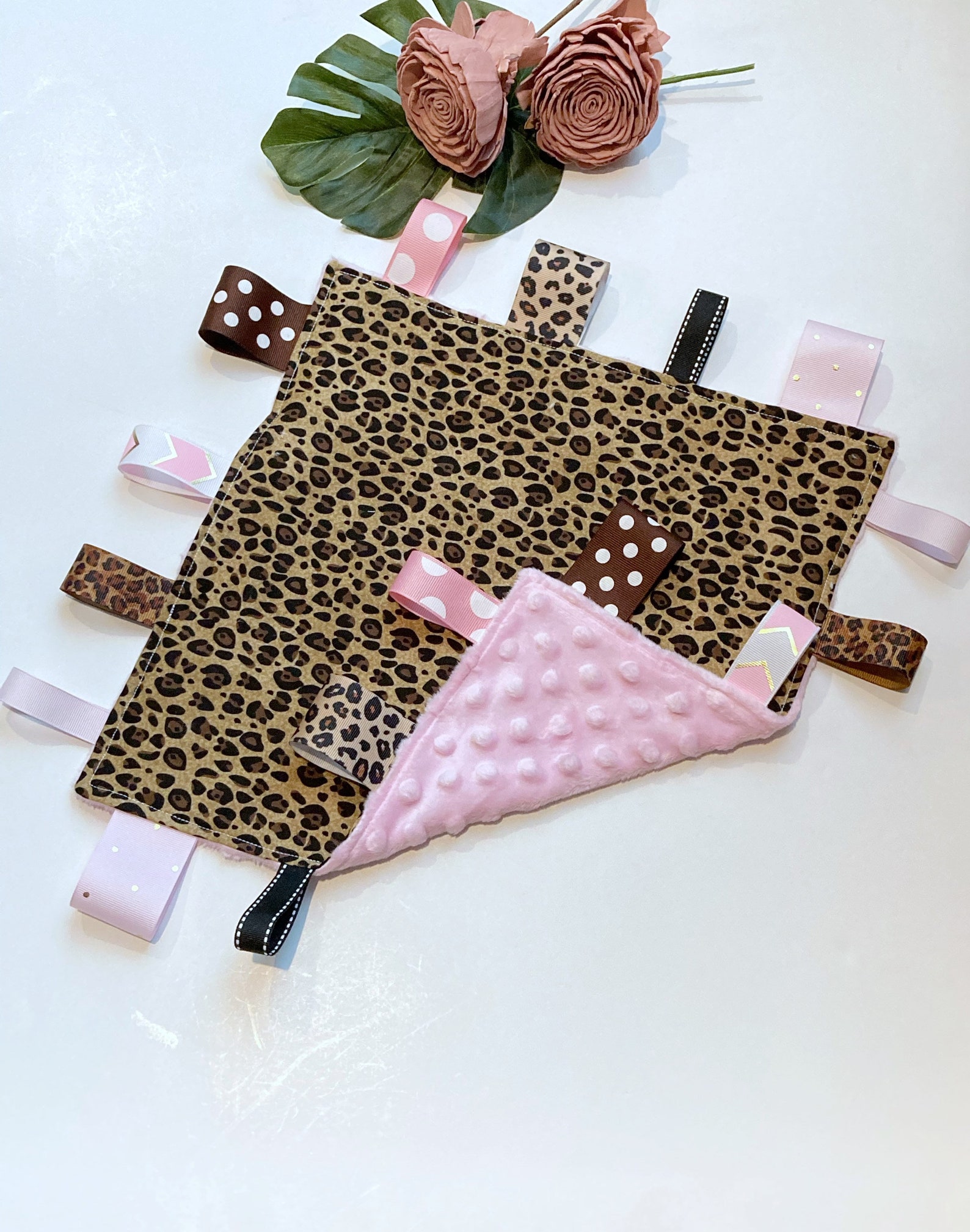Cheetah Leopard Sensory Blanket Lovey, Ribbon Tag Toy, Can Personalize ...