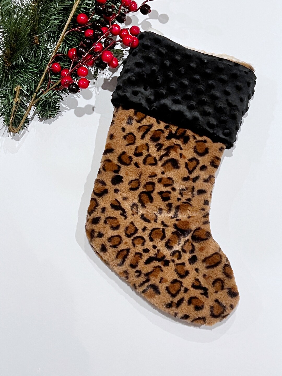 Personalized Copper Brown Leopard Minky Christmas Stocking With Fur or ...