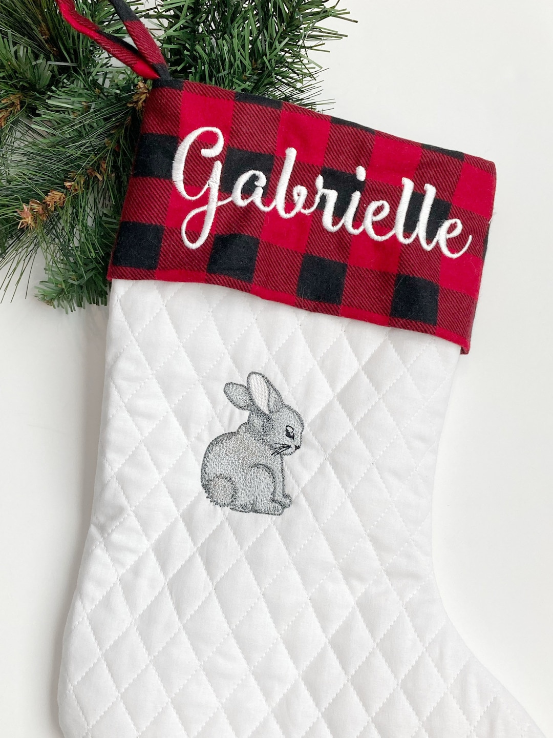 Woodlands Rabbit Christmas Stocking With Buffalo Plaid Cuff in Quilted ...