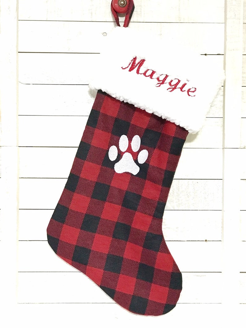 Pet Christmas Stocking | Personalize | Dog Cat | Buffalo Plaid | White ...