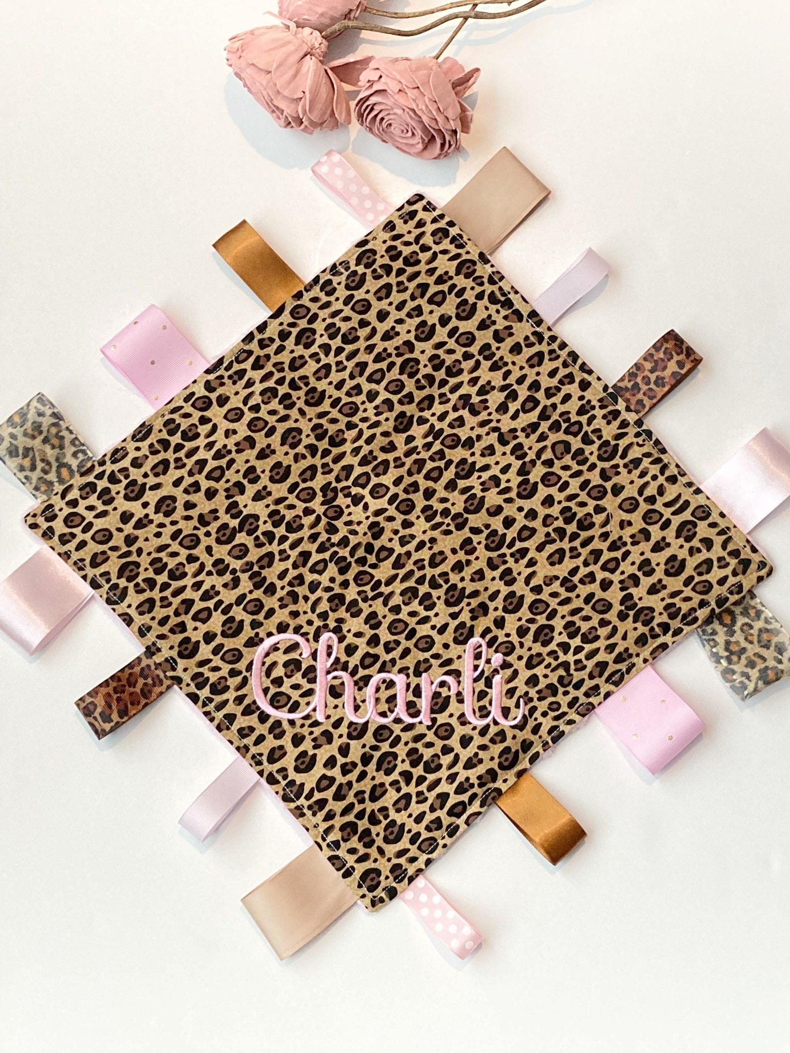Cheetah Leopard Sensory Blanket Lovey, Ribbon Tag Toy, Can Personalize ...
