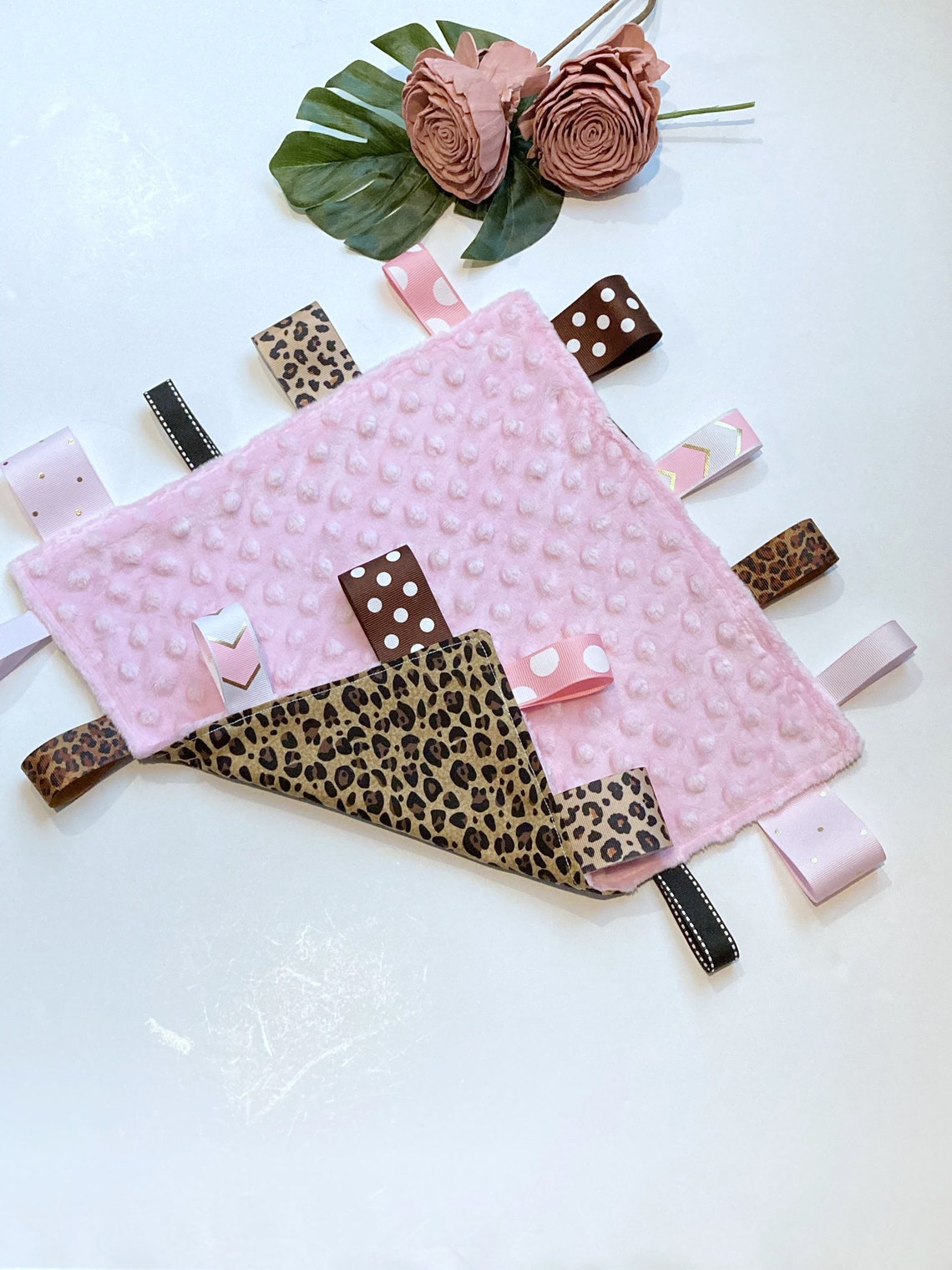 Cheetah Leopard Sensory Blanket Lovey, Ribbon Tag Toy, Can Personalize ...
