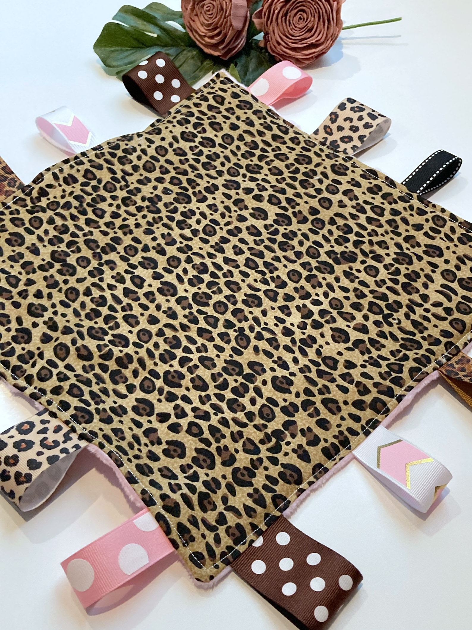 Cheetah Leopard Sensory Blanket Lovey, Ribbon Tag Toy, Can Personalize ...