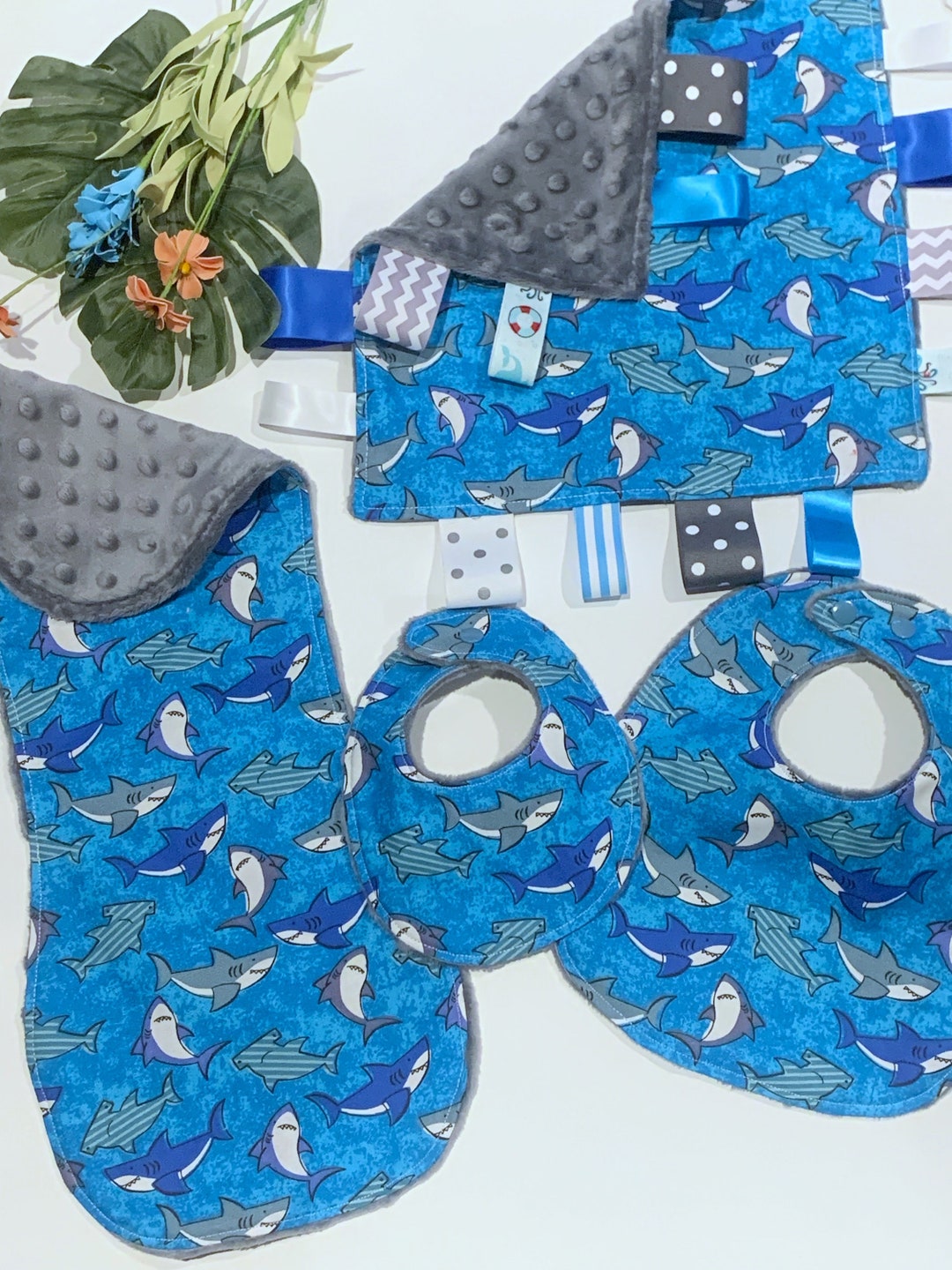 Beach Baby Bib Burp Cloth Sensory Tag Lovey Shark Set in Newborn or ...