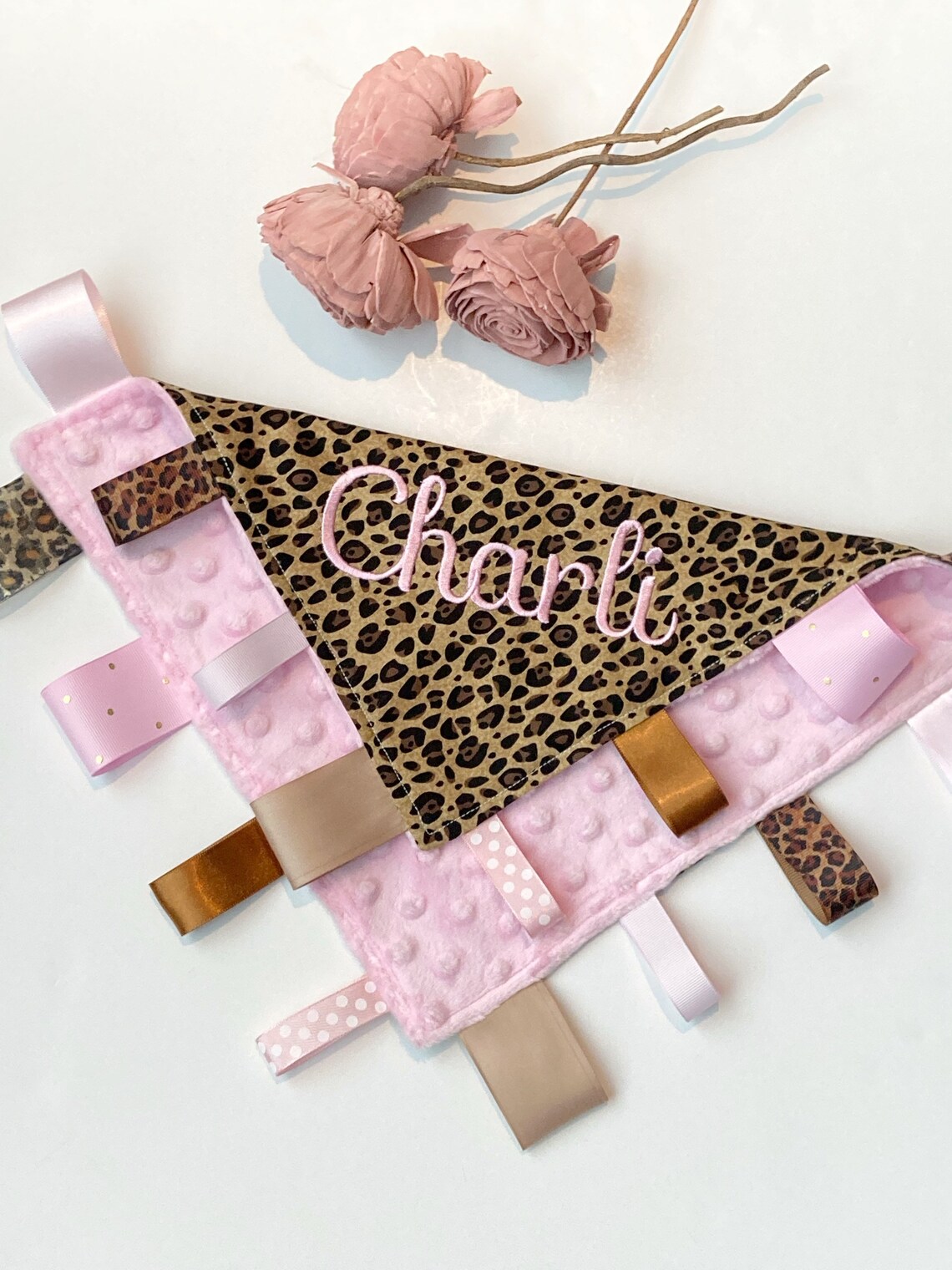 Cheetah Leopard Sensory Blanket Lovey, Ribbon Tag Toy, Can Personalize ...