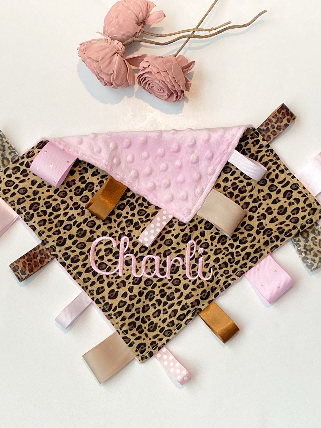 Cheetah Leopard Sensory Blanket Lovey, Ribbon Tag Toy, Can Personalize ...