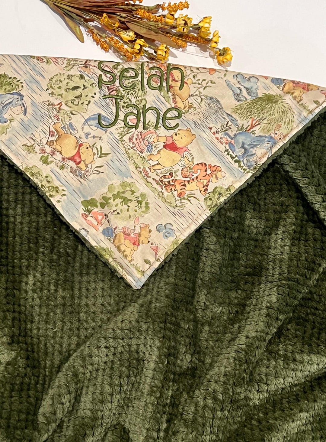 Personalized Winnie the Pooh Baby Blanket: Olive Weave Minky Back - Etsy
