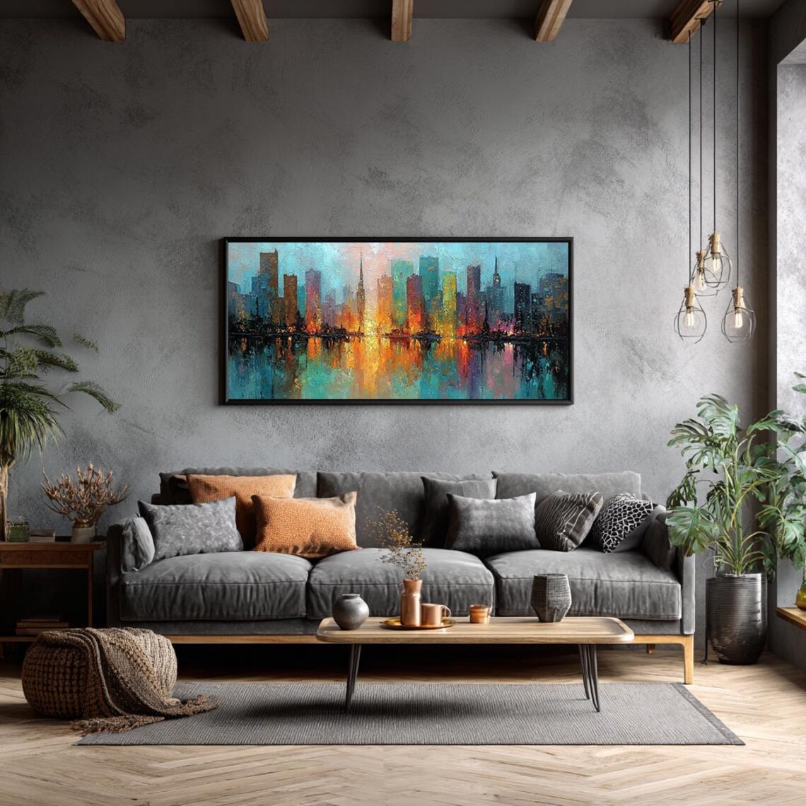 Colorful Abstract Cityscape Textured Painting, Large Wall Art, Modern ...