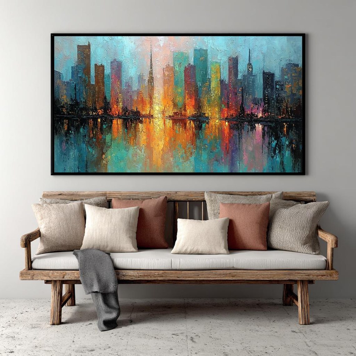 Colorful Abstract Cityscape Textured Painting, Large Wall Art, Modern ...