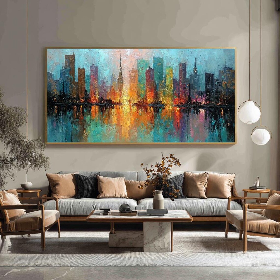 Colorful Abstract Cityscape Textured Painting, Large Wall Art, Modern ...