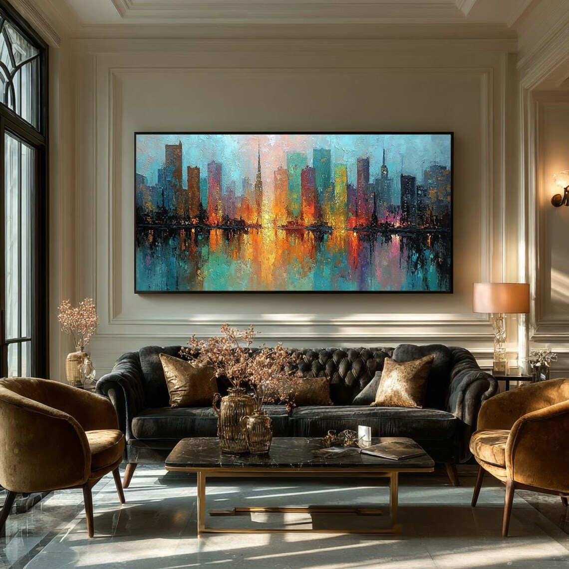 Colorful Abstract Cityscape Textured Painting, Large Wall Art, Modern ...