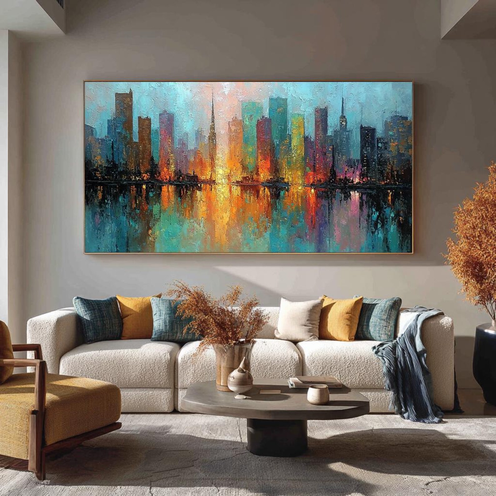 Colorful Abstract Cityscape Textured Painting, Large Wall Art, Modern ...