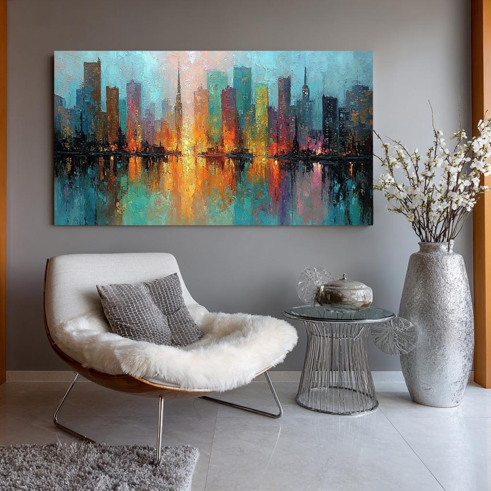 Colorful Abstract Cityscape Textured Painting, Large Wall Art, Modern ...
