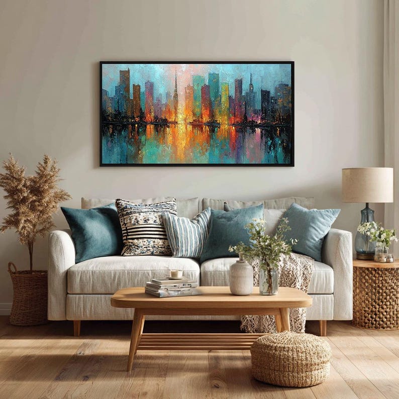 Colorful Abstract Cityscape Textured Painting, Large Wall Art, Modern ...