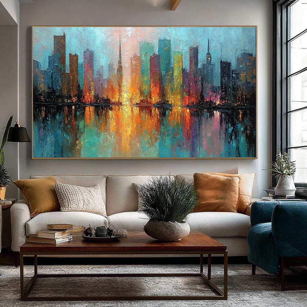Colorful Abstract Cityscape Textured Painting, Large Wall Art, Modern ...