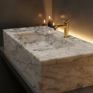 Luxury Fluted Marble Wall Sink, Solid Stone Vanity Basin, Hand-carved ...