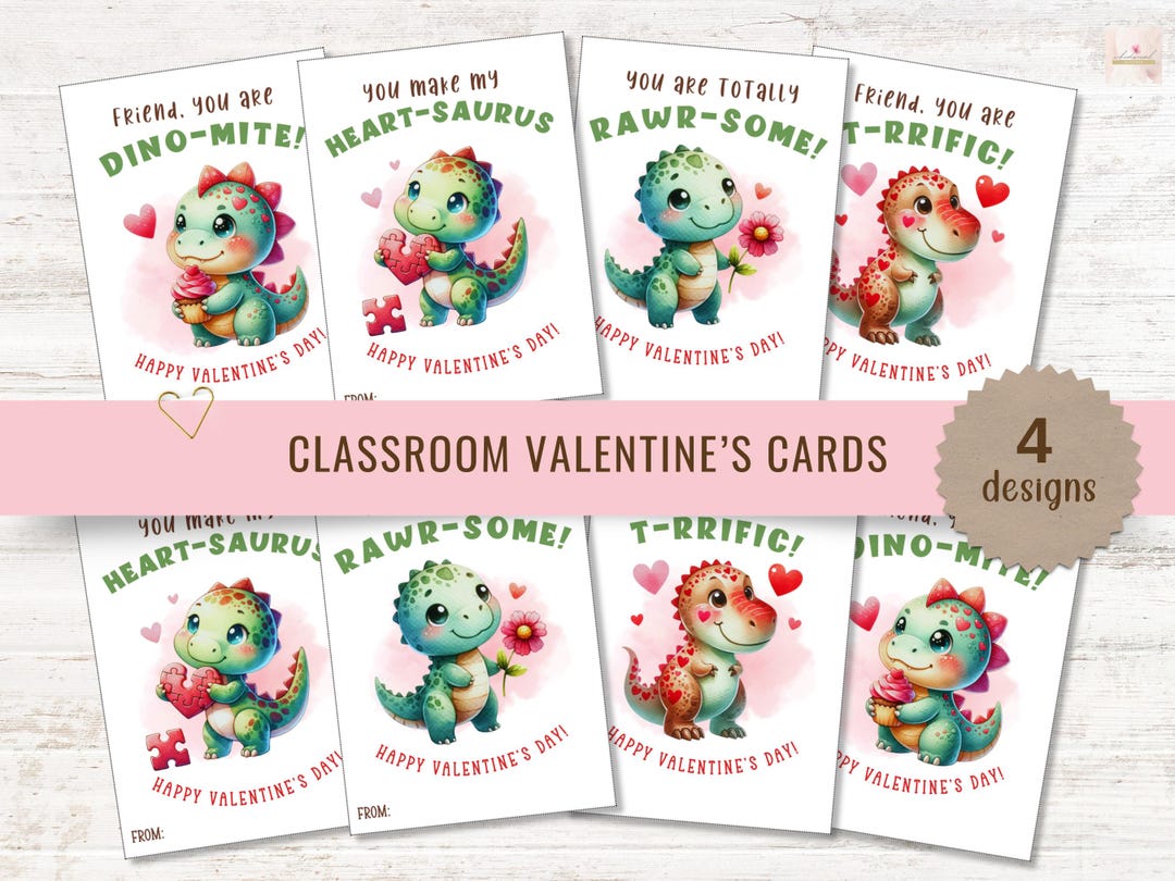 Classroom Valentine Cards Printable Dinosaur Set of 4, School Valentine ...