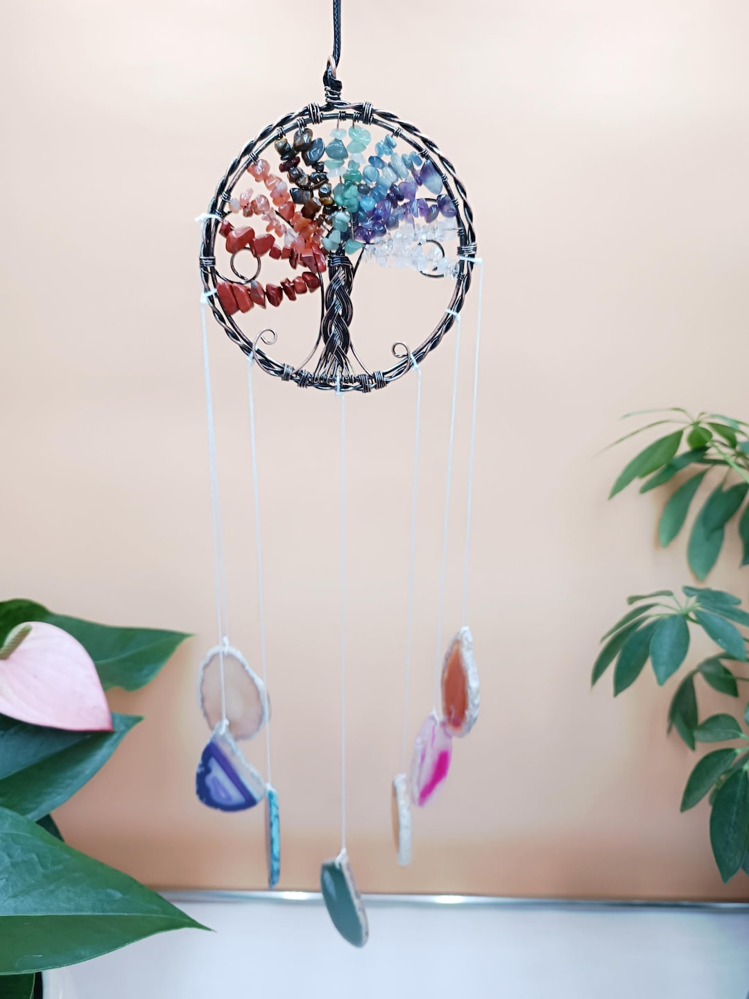 7 Chakra Crystal Tree of Life Suncatcher: Gemstone Agate Wind Chimes ...