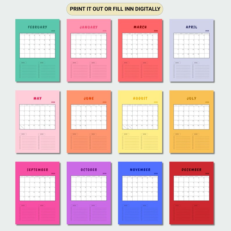 2026 Monthly Planner Colorful 12 Month Calendar Sunday Start Printable ...