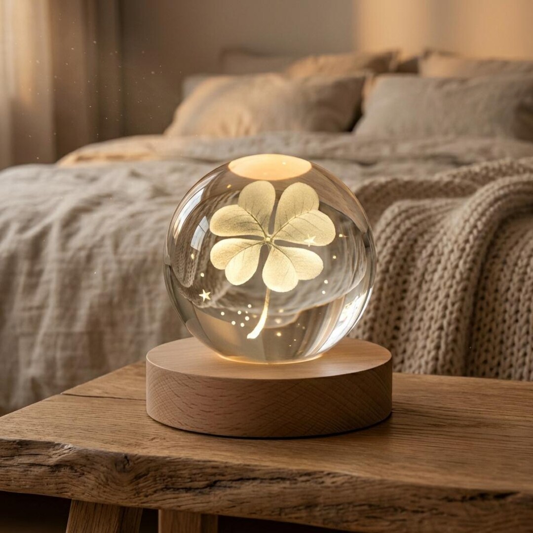 Four Leaf Clover Lamp With Wooden Base, Glass Crystal Ball Night Light ...