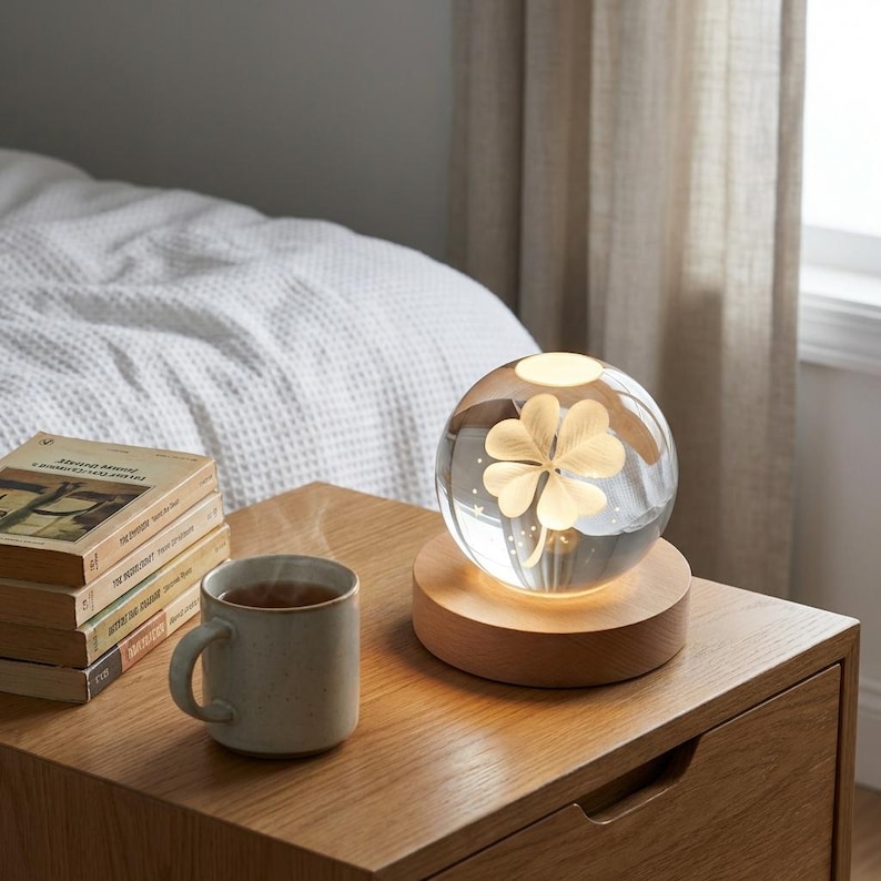 Four Leaf Clover Lamp With Wooden Base, Glass Crystal Ball Night Light ...
